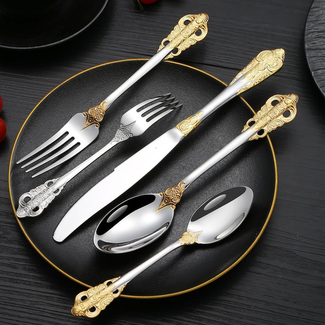 Amazon.com | Hammered Silver Gold Silverware Set, OGORI 24-Piece 18/10 ...