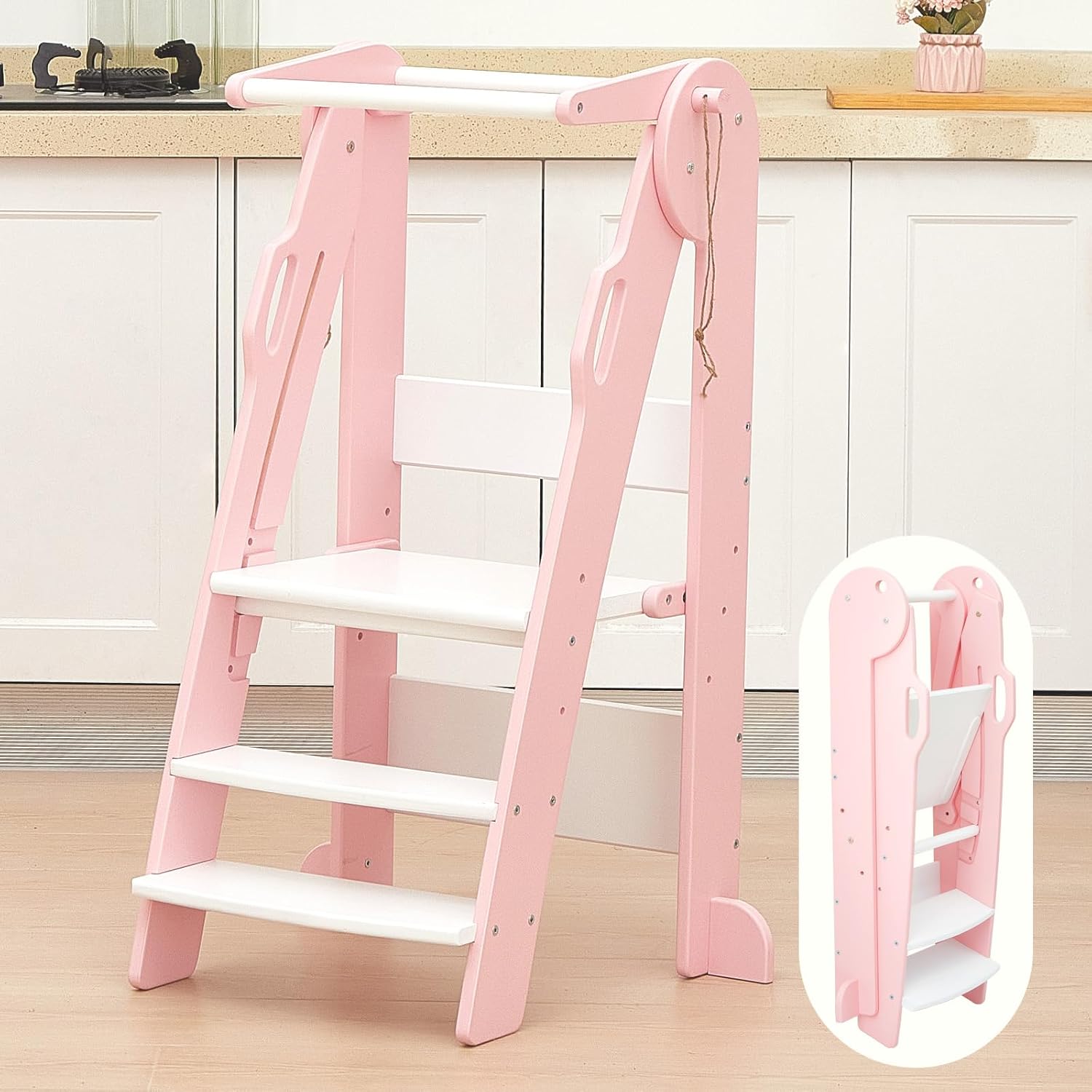 FUNLIO Foldable Kitchen Step Stool with Safety Rails, 3-Level Height ...