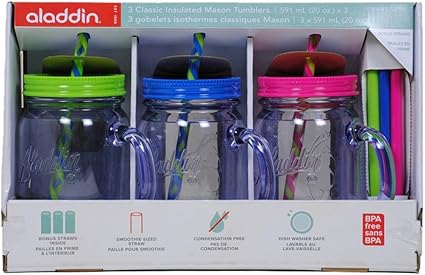 Amazon.com: Aladdin 3 Classic Mason Jar Tumblers w/Straws & Lids Green ...