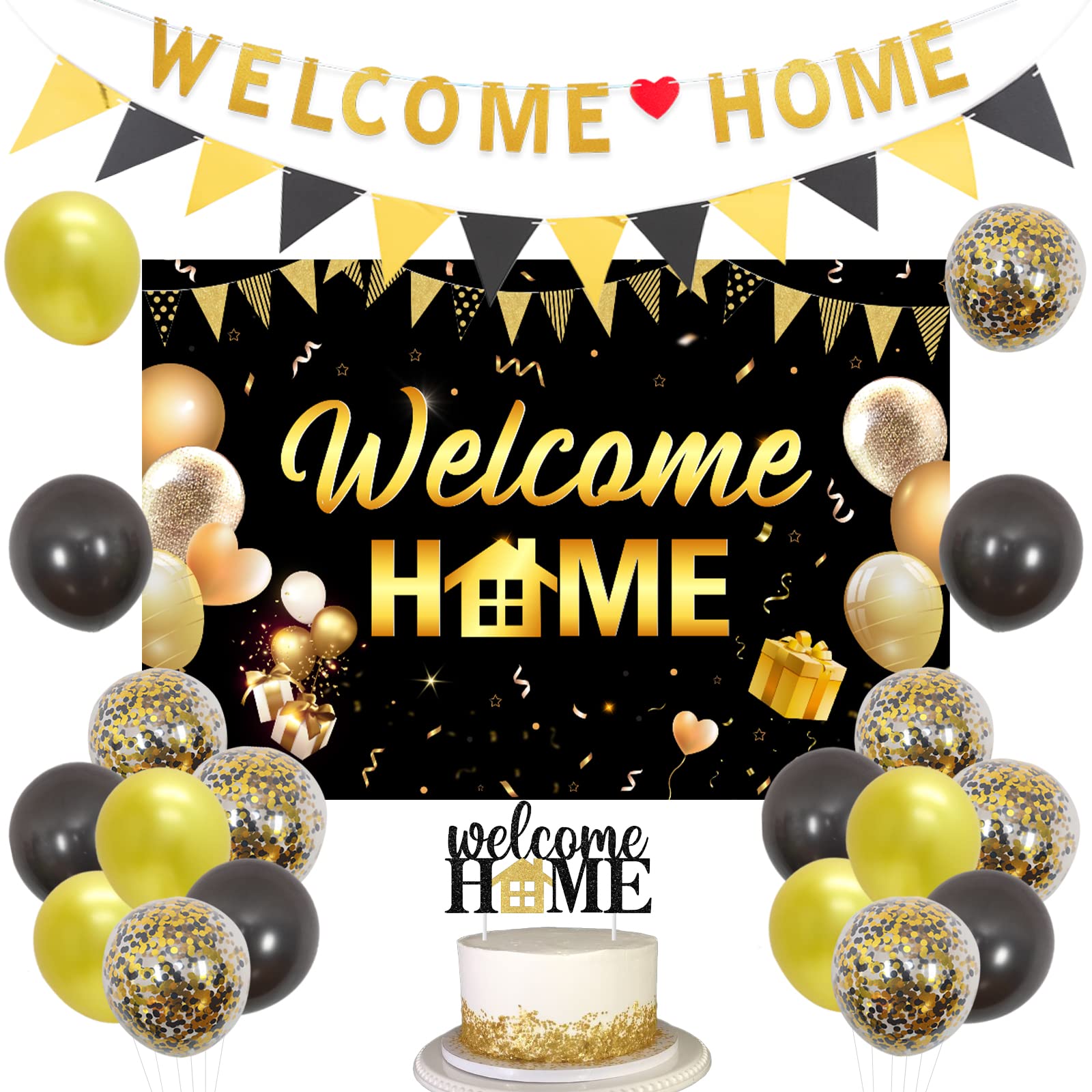 Welcome Home Party Decorations Black Gold Welcome Home Backdrop Welcome ...