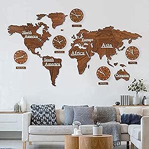 3D Wooden World Map With Clocks Set - Brown 220X120 Cm MDF World Clocks ...