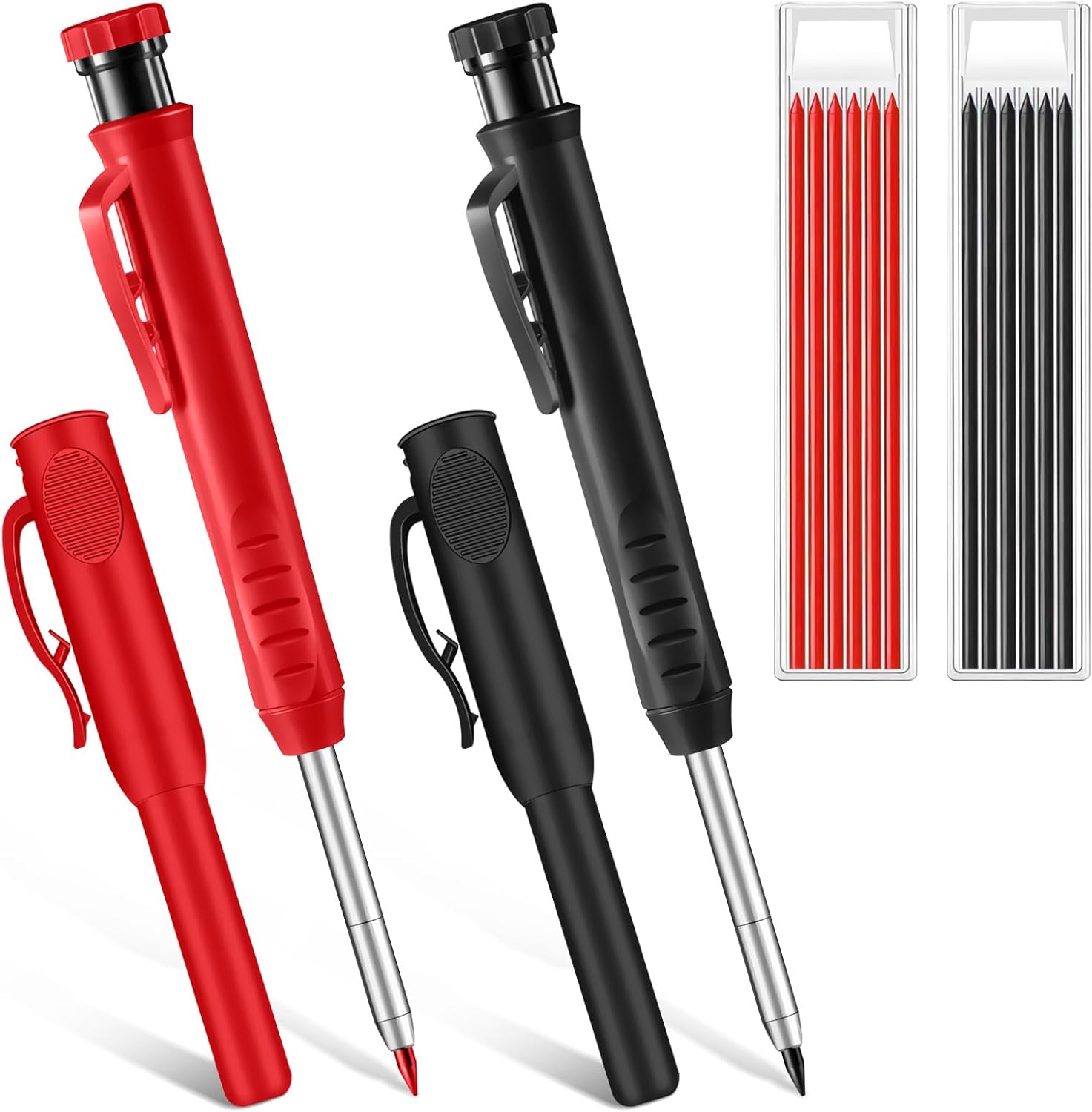 NineChain 2 Pcs Mechanical Carpenters Pencil Set with 14 Refills ...