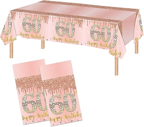 Amazon.com: Poqirzan 2PCS Pink Rose Gold 60th Birthday Tablecloth 60th ...