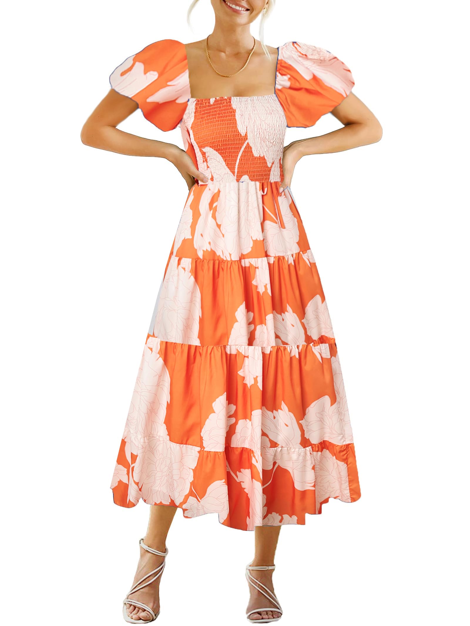 Snapklik.com : Womens Smocked Dress Square Neck Ruffle Hem Puffy Short ...