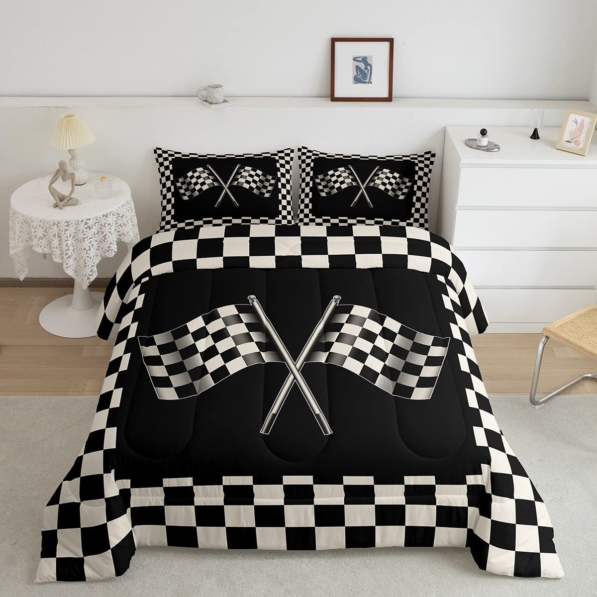 Amazon.com: Castle Fairy Checkered Flag Comforter Set Black and White ...