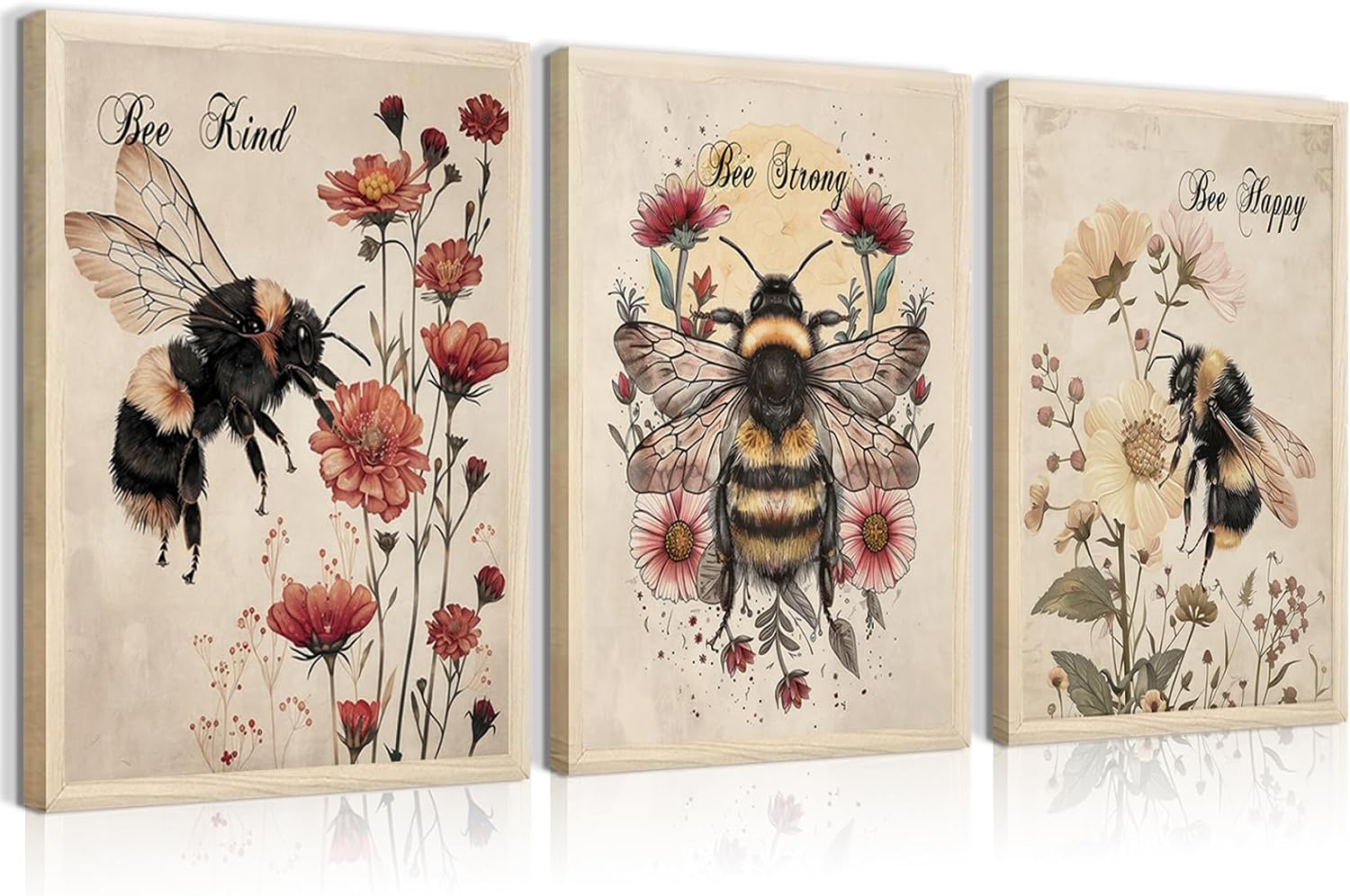 Amazon.com: 3Pcs Vintage Bee Floral Canvas Wall Art Strong Happy Kind ...