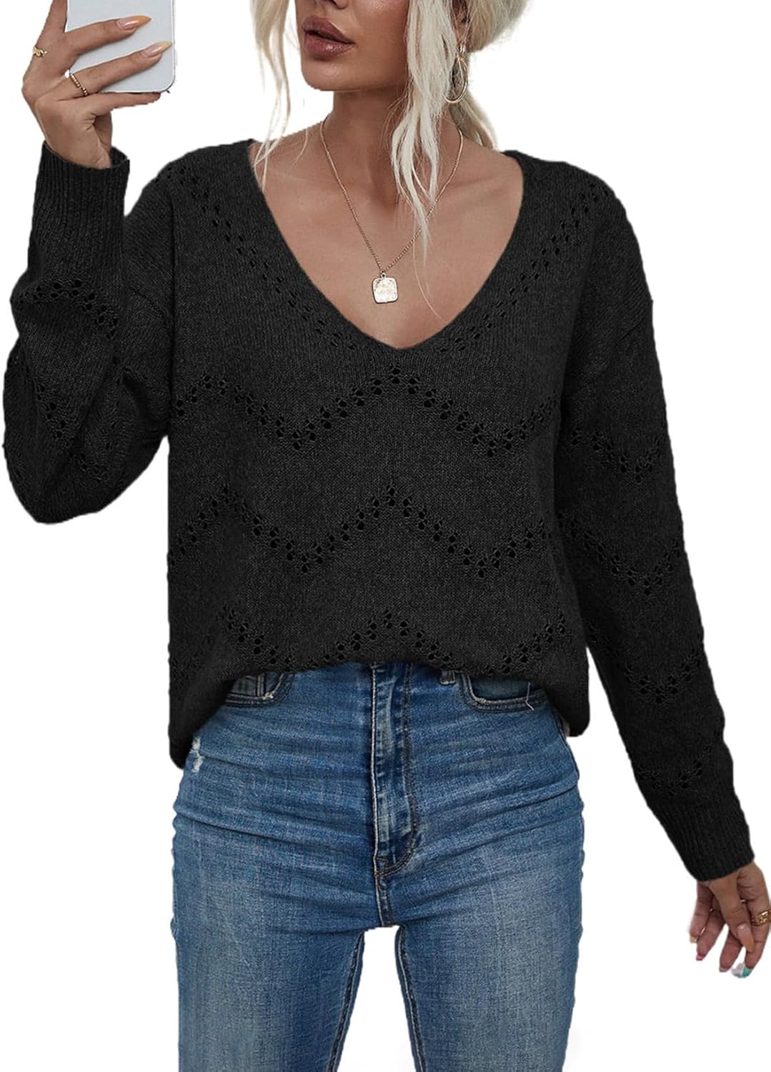 EVALESS Women's Crochet Sweater Top Hollow Out Long Sleeve Pullover ...