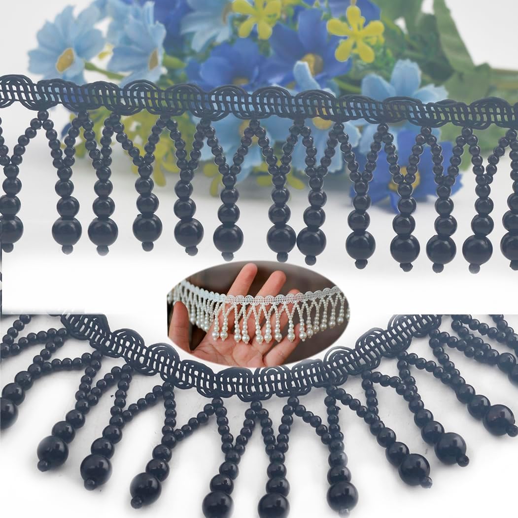 Amazon.com: Kuasting 3 Yards Black Pearl Bead Tassel Lace Ribbon ...