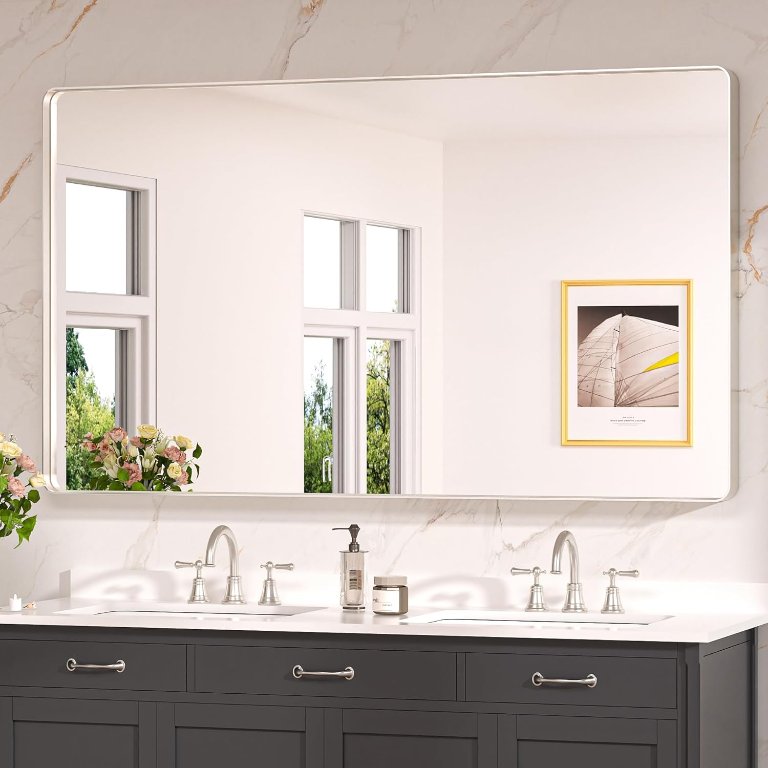 Amazon.com: Keonjinn Brushed Nickel Mirror 60 x 36 Inch Large Silver ...