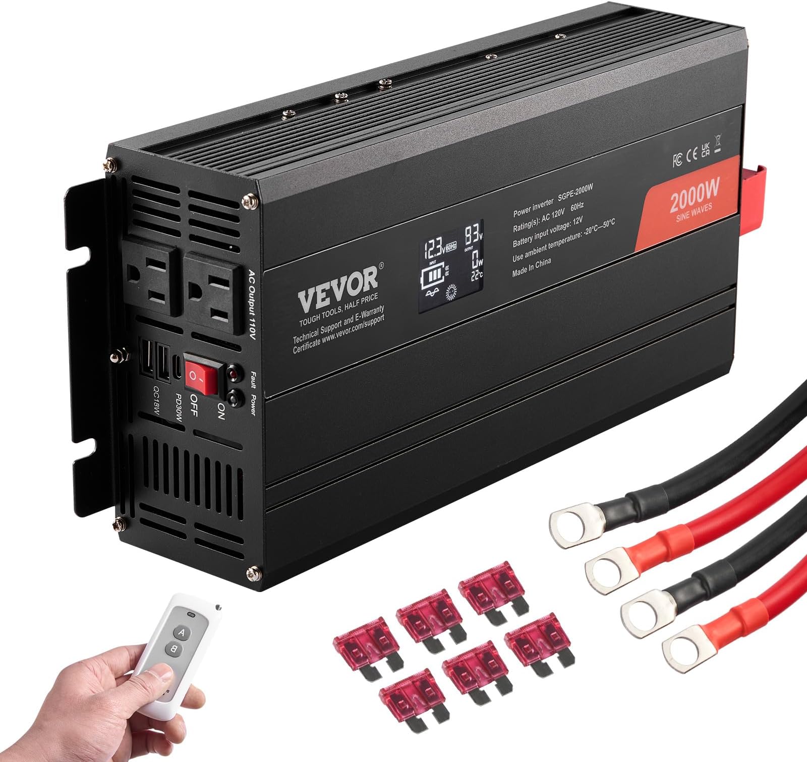 Amazon.com: VEVOR Pure Sine Wave Inverter, 2000 Watt, DC 12V to AC 120V ...