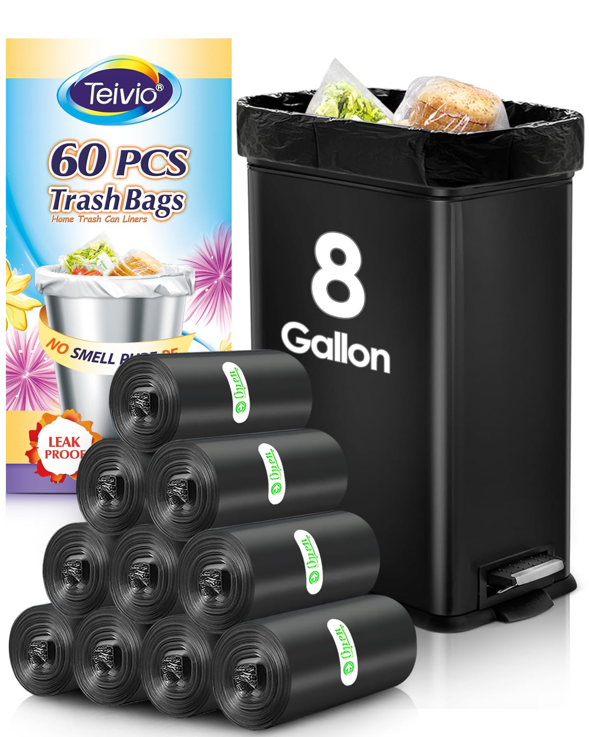 Amazon.com: 8 Gallon 60 Counts Strong Trash Bags Garbage Bags by Teivio ...