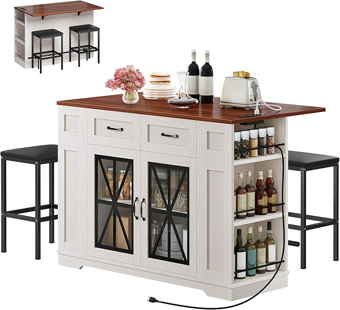 Amazon.com: YITAHOME Kitchen Island with Drop Leaf & 2 Bar Stools ...