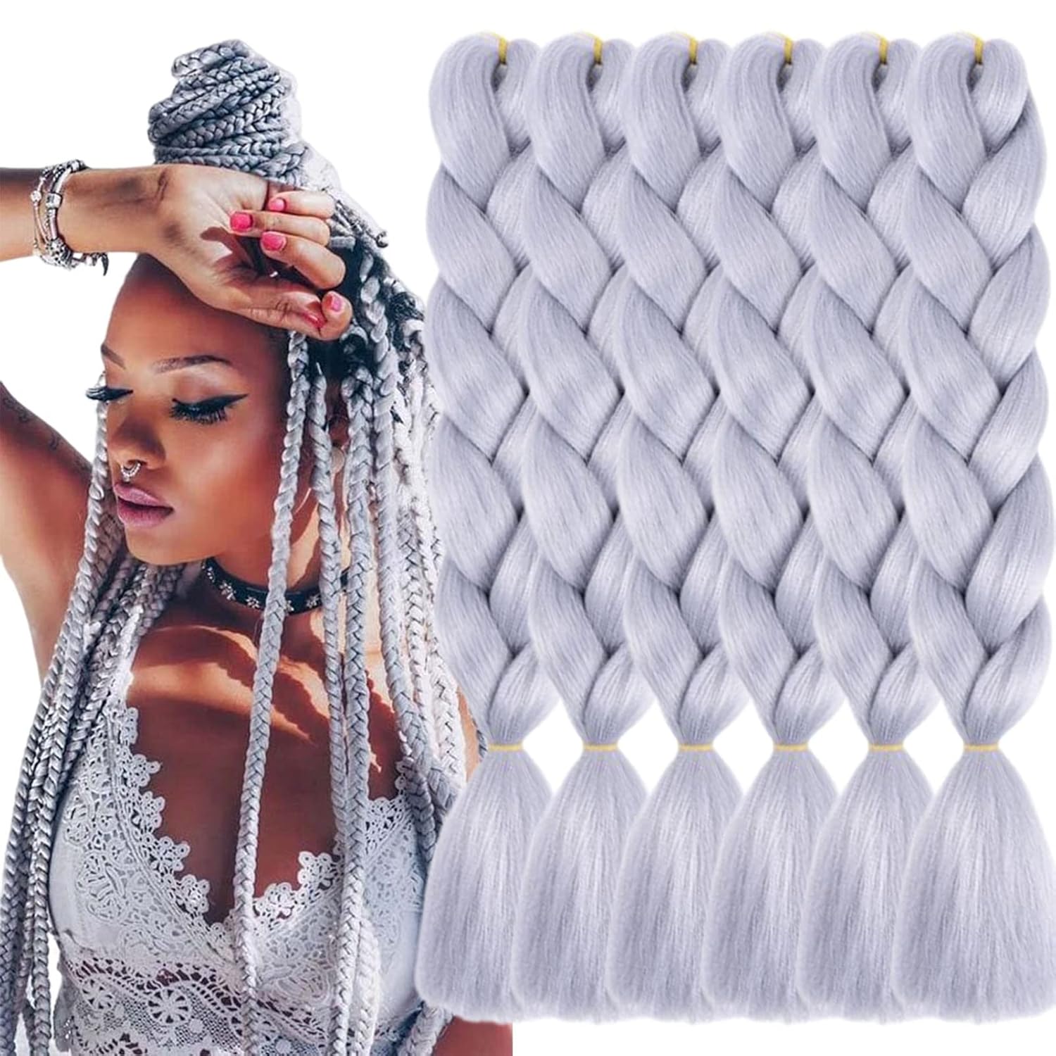 Amazon.com : TENGSHUO FLY Silver Grey Braiding Hair 6 Packs Synthetic ...