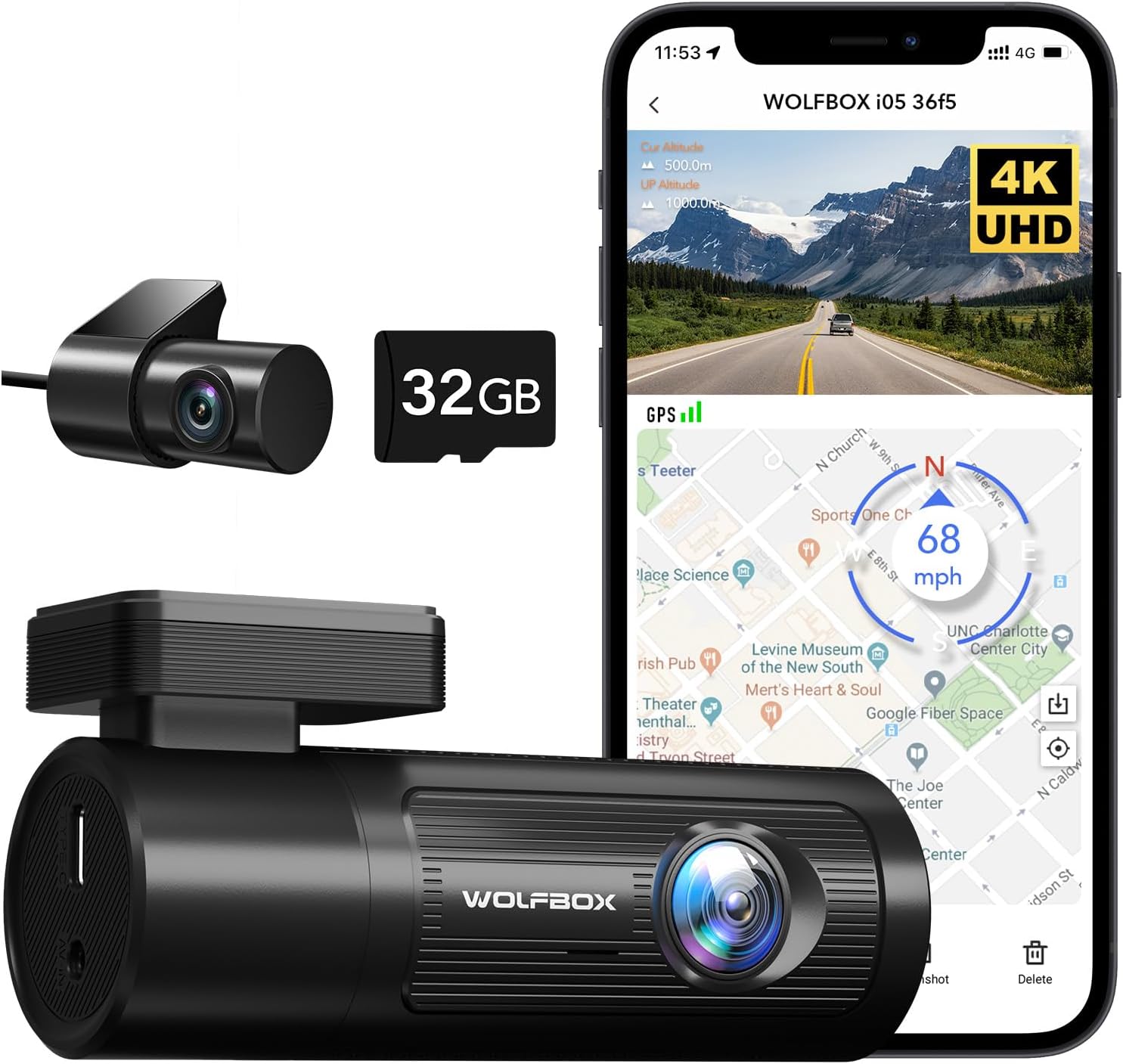 WOLFBOX 4K Dash Cam Front and Rear, 2160P Car Dash Camera Built-in WiFi ...