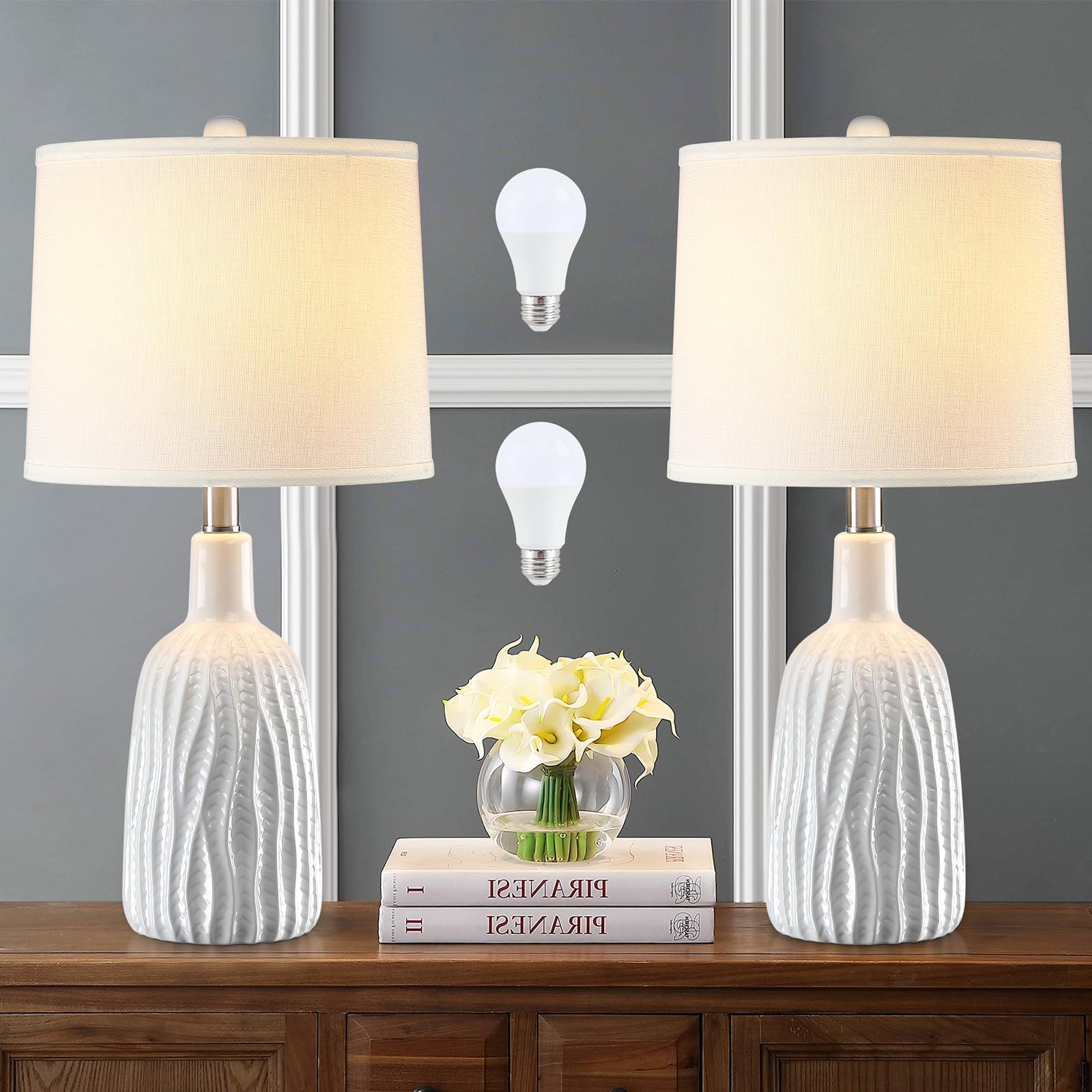 Spclsim 22.4" White Ceramic Table Lamps for Bedroom Set of 2, Modern ...