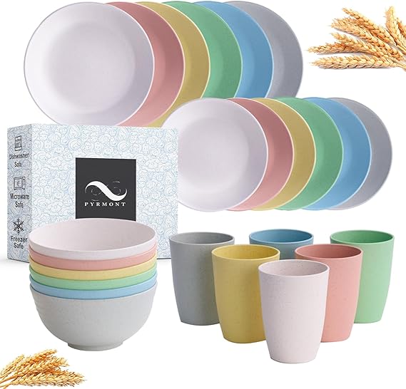 Amazon.com | PYRMONT Wheat Straw Dinnerware Sets for 6,24 PCS Reusable ...