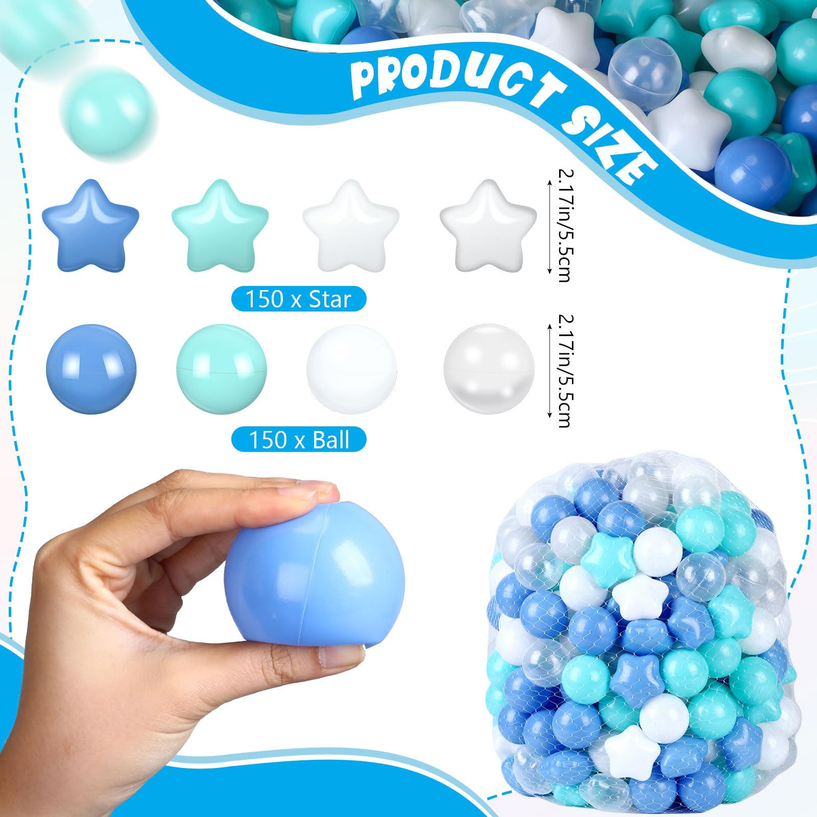 Meooeck 300 Pcs Balls and Star Shape Balls Shatter Proof Ocean Balls ...