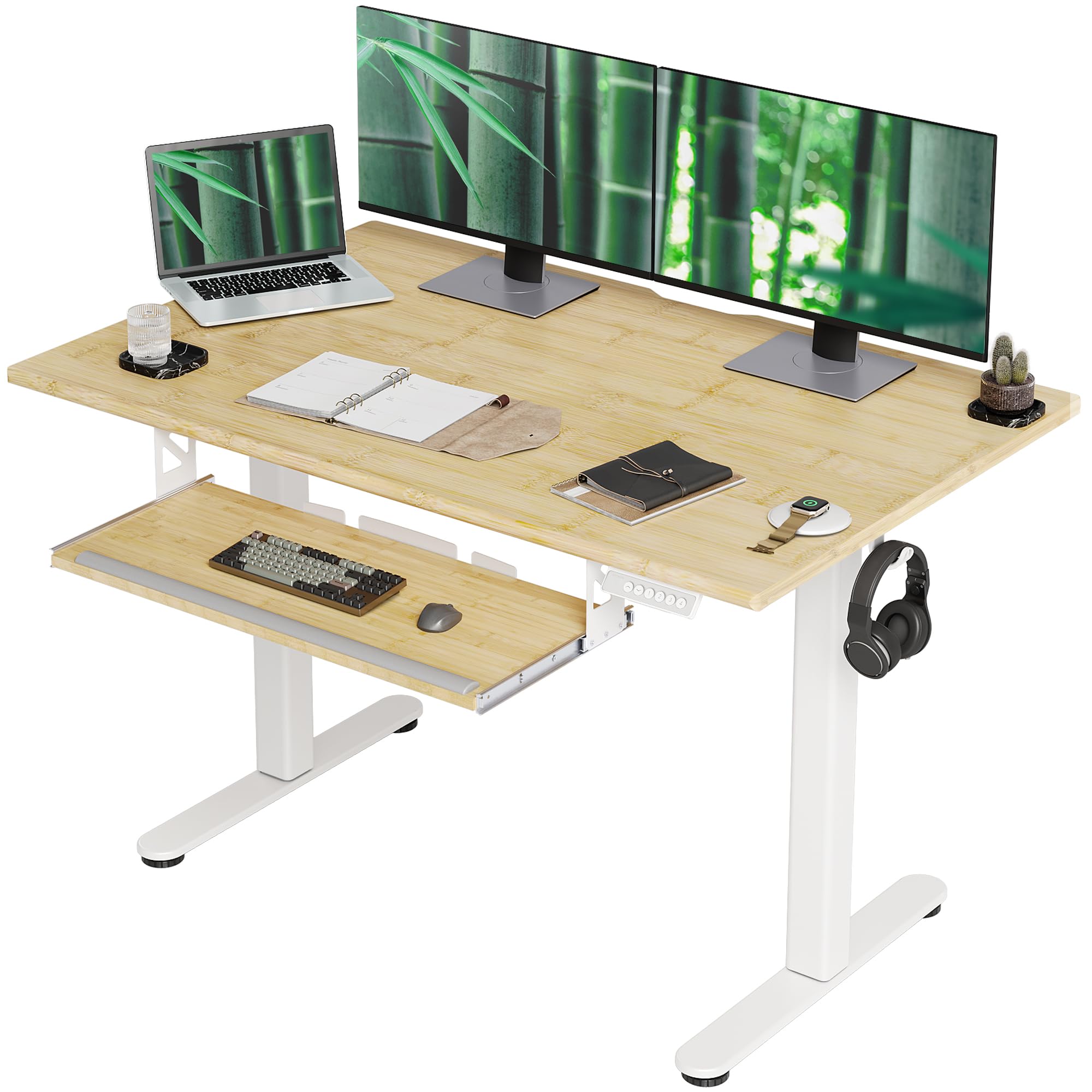 Bamboo Electric Standing Desk, 48×24 Inch Adjustable Desk with Keyboard ...