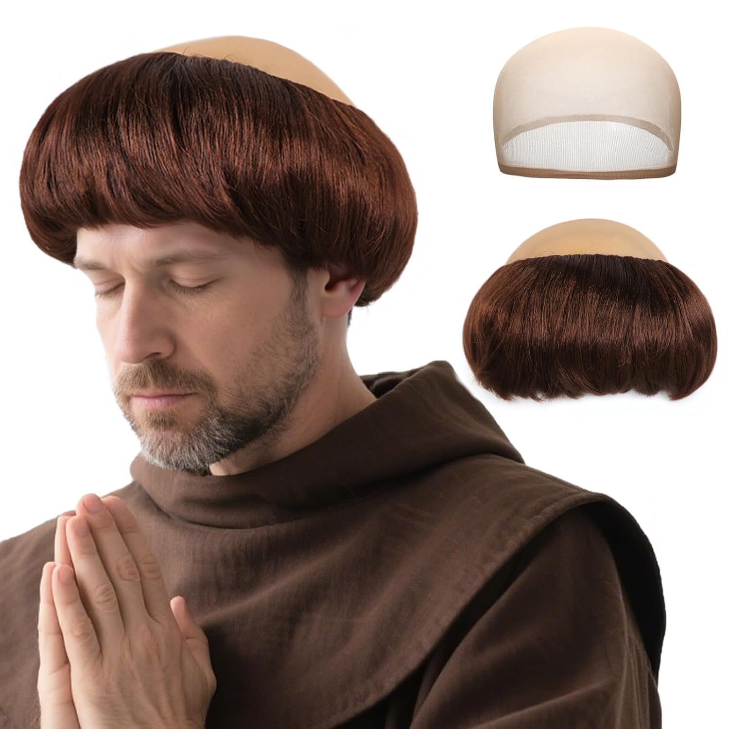 Amazon.com: BESTBEL+Hair Cap Monk Wig Short Brown Bald Wig for Men ...