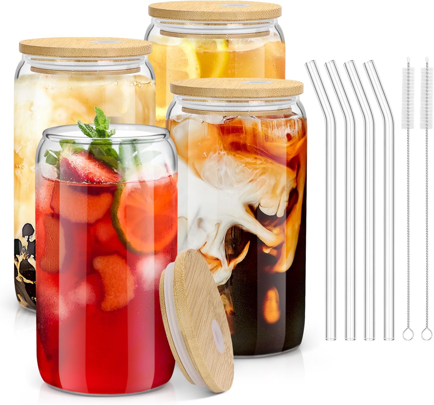 Amazon.com: Glass Cups with Lids and Straws 4 pcs,16 oz Glass Cups for ...