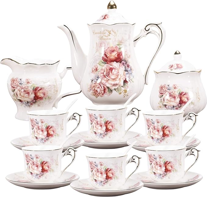 Amazon.com | fanquare 15 Pieces Porcelain Vintage Tea Set,Rose Flowers ...