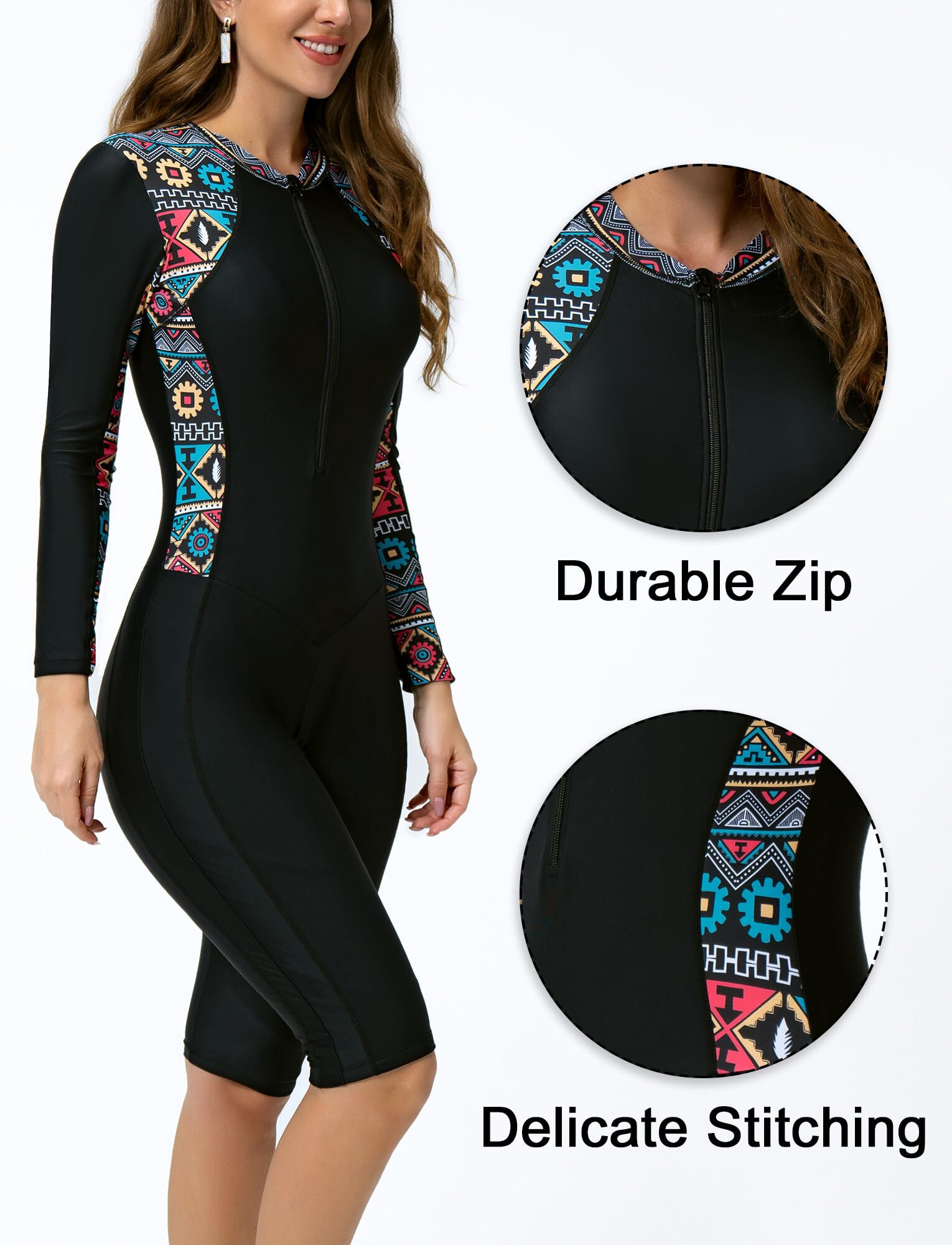 Snapklik.com : Long Sleeve Aztec Printed Rash Guard Women Front Zipper ...