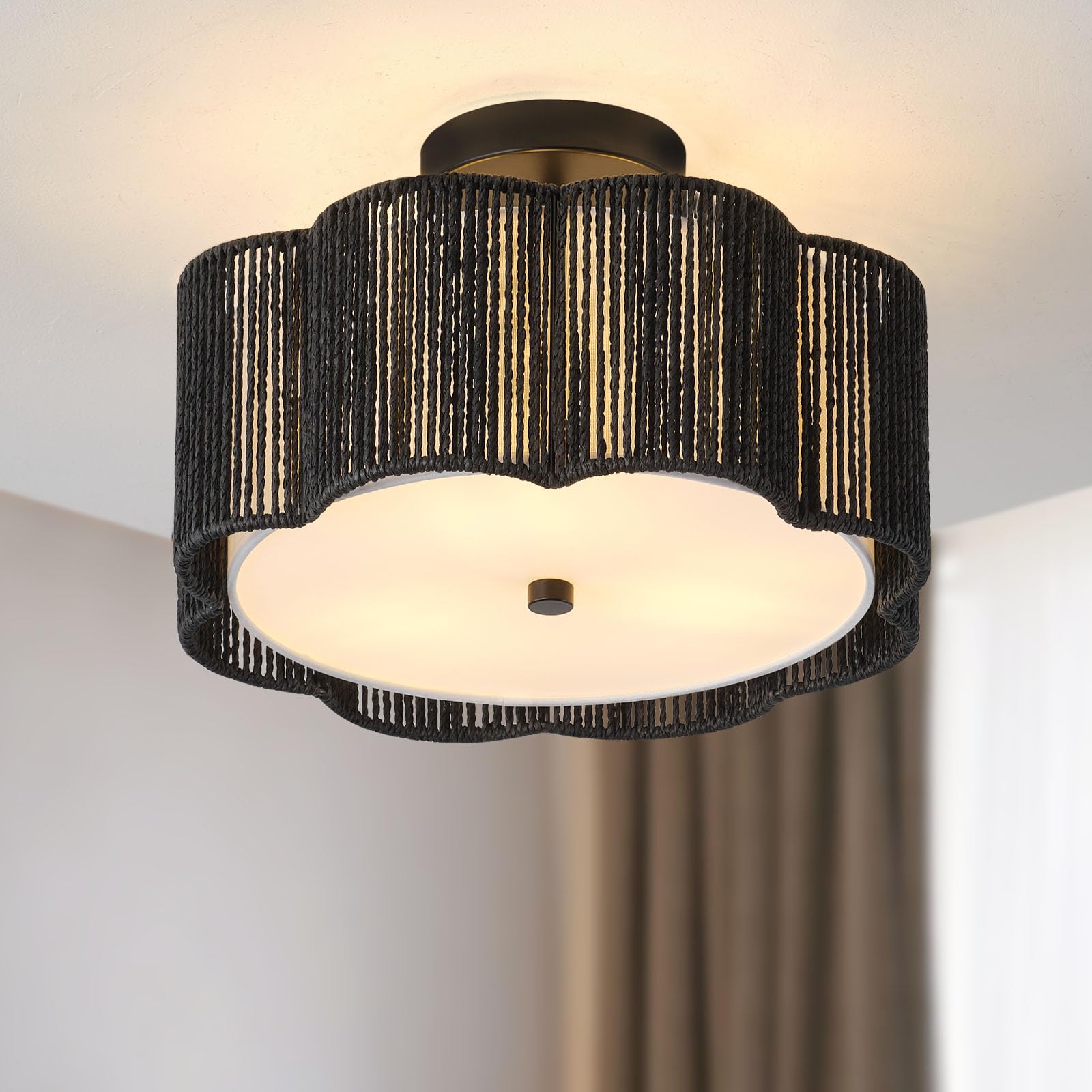 Giutna Rattan Ceiling Light Fixtures Flush Mount,3-Light Boho Light ...