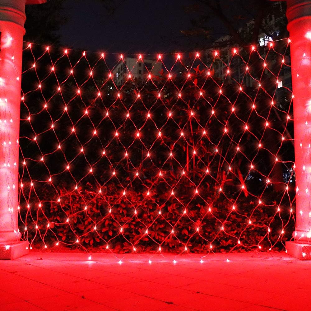 Solar Net Christmas Lights Red, 204 LED Net Lights Outdoor Mesh Lights ...