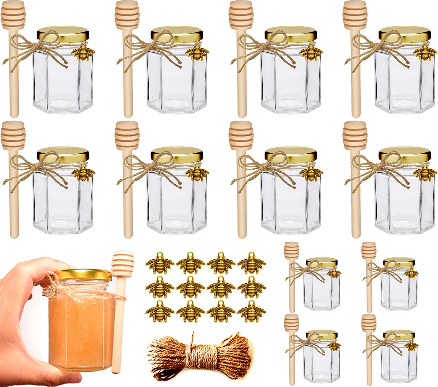 Amazon.com: Adabocute 4oz Hexagonal Honey Jars - Glass Honey Jars with Gold Lids, Wooden Dippers ...