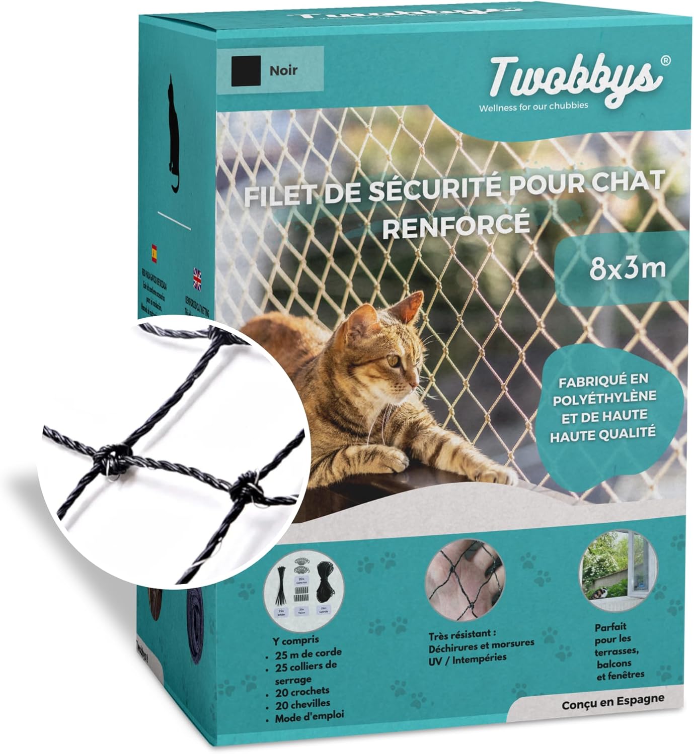 Twobbys® Filet pour Chat Renforcé | 8x3m Recoupable | Filet Chat Balcon ...