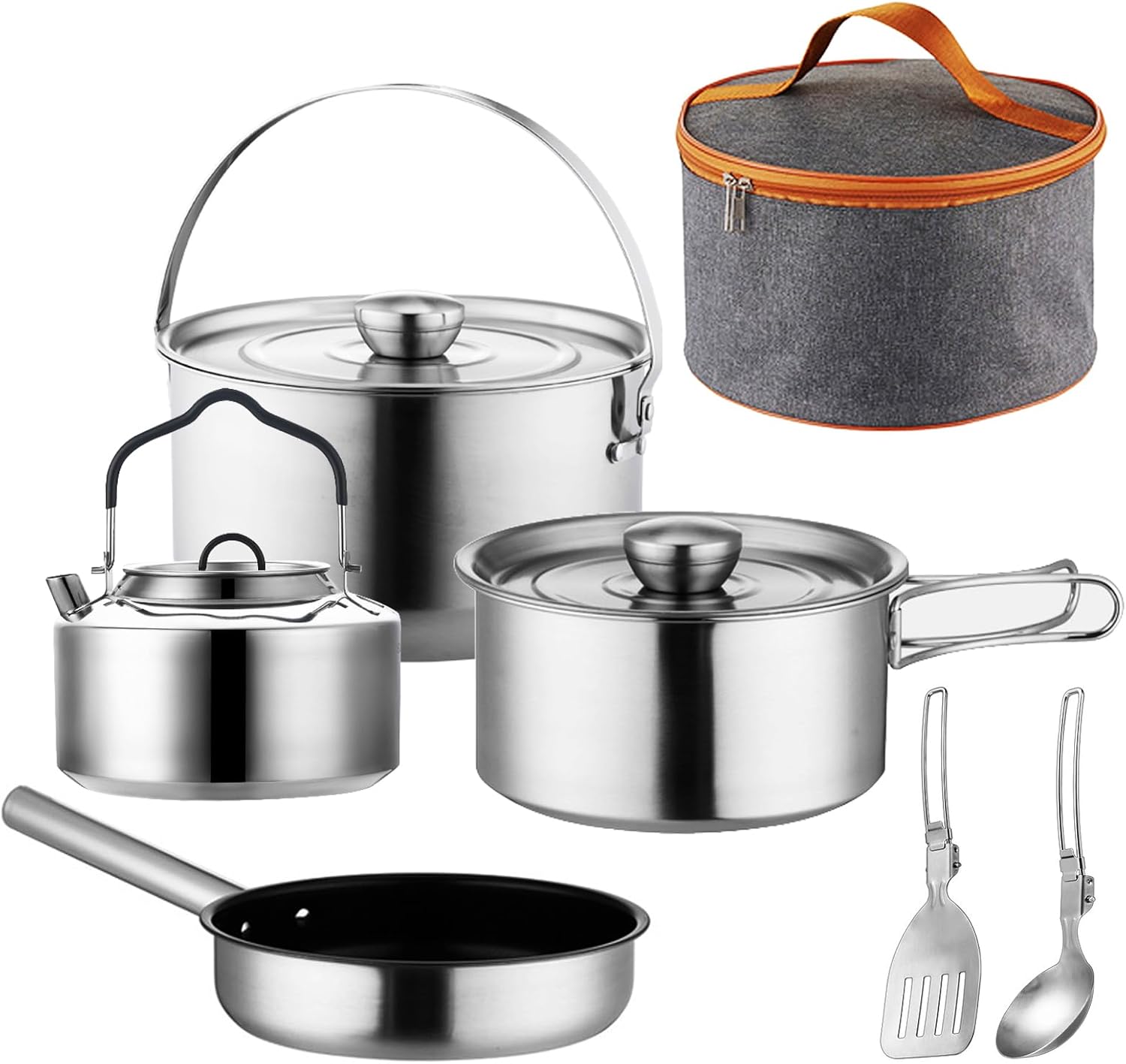 Jorunhe 7Pcs Stainless Steel Camping Cooking Set with Travel Tote Bag ...