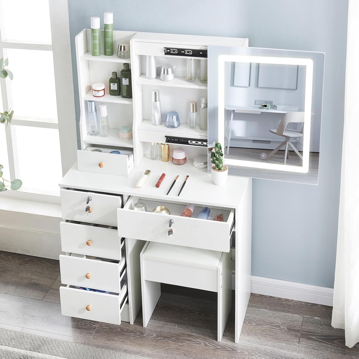 White Vanity Dressing Table Set with Stool & Drawers,Makeup Vanity Set ...