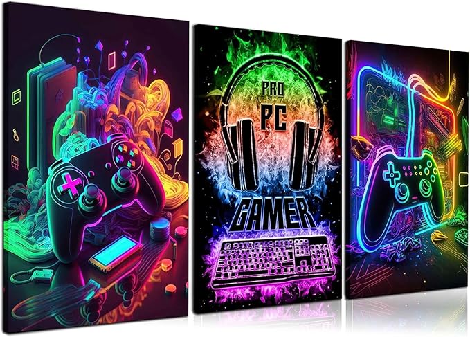Amazon.com: 3Pcs Cool Gaming Wall Art Retro Video Gamer watercolor ...