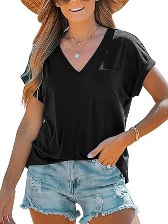 CUPSHE Women Tops Onyx V-Neck Short Sleeve Tee Front Pocket Shirt Solid ...