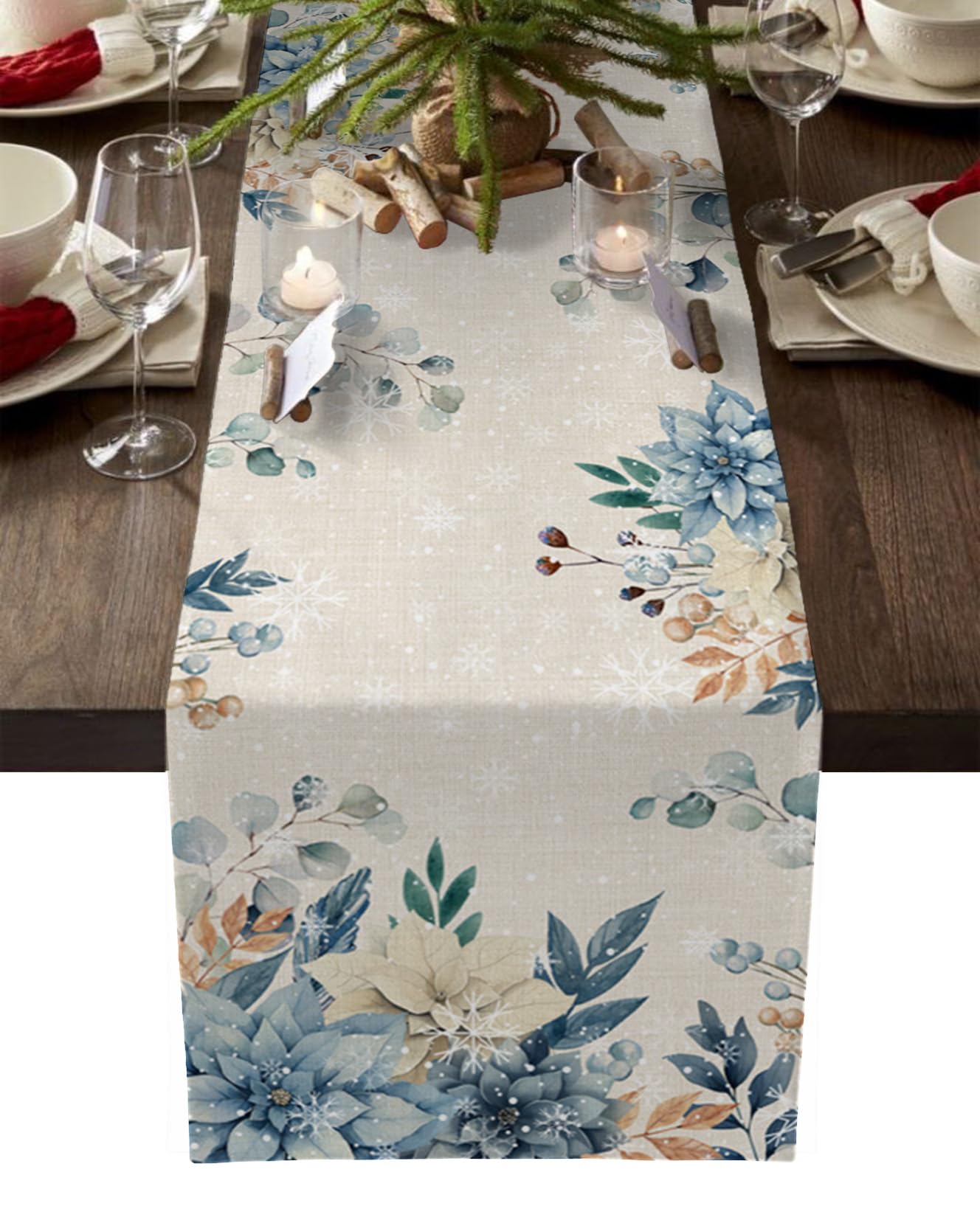 Amazon.com: Christmas Table Runner Blue 70 Inches Long, Xmas Eucalyptus ...