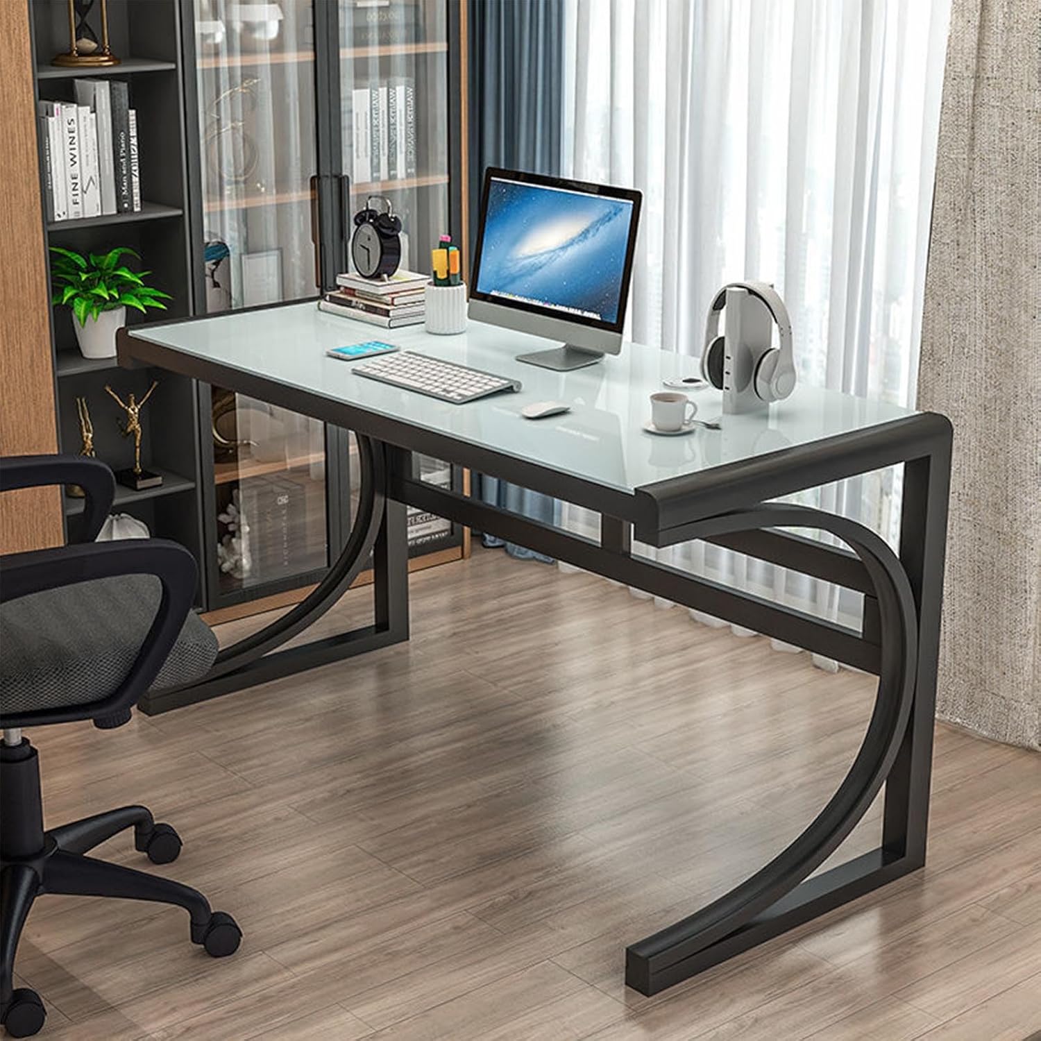 Tempered Glass Computer Desk Modern Home Office Desk with Carbon Steel ...