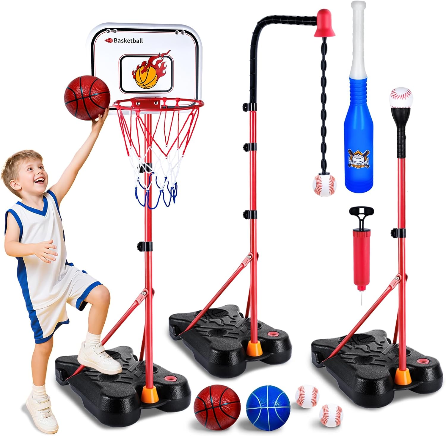 SIOTMERA 4 in 1 Kids Basketball Hoop and T Ball Set, Adjustable Height ...