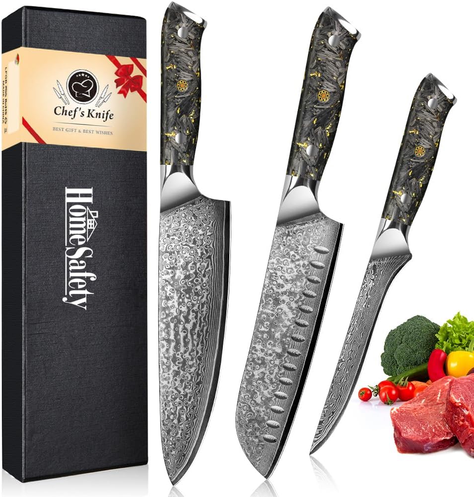 Home Safety Damascus Chef Santoku Boning Knife Set 3Pcs Professional ...