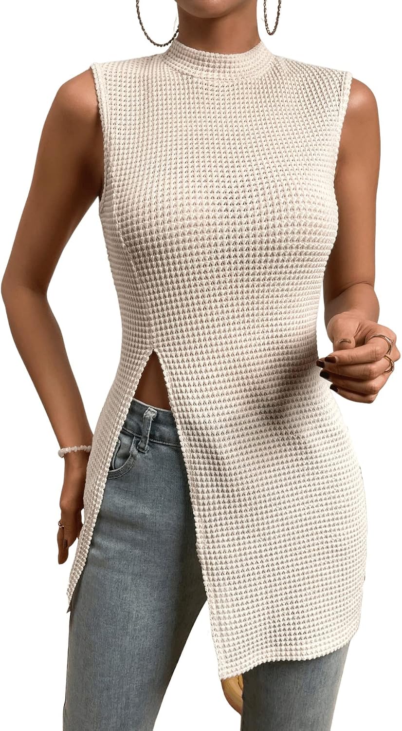 Floerns Women's Casual Sleeveless Mock Neck Split Hem Tank Top at ...
