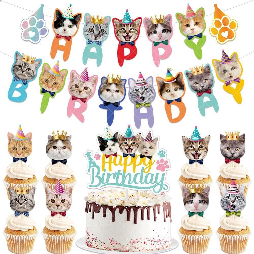 Amazon.com: Generic Cute Cat Theme Birthday Party Decorations Kit ...