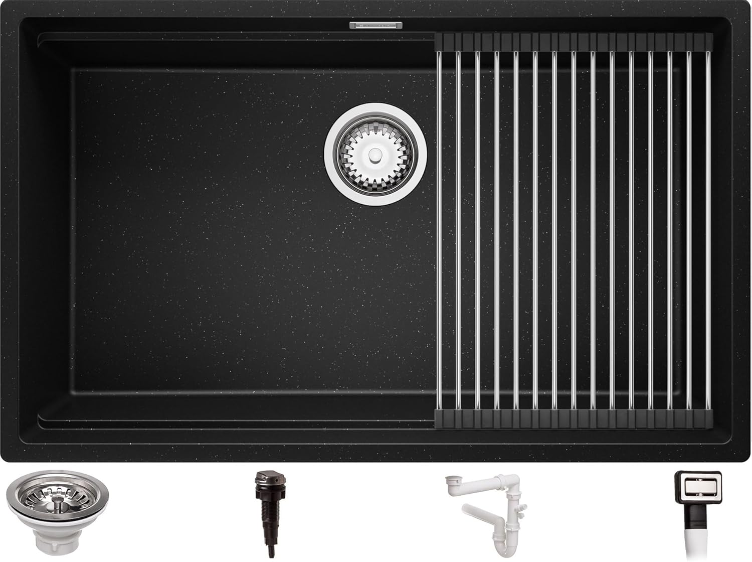 Lavabo Cuisine en Granit Noir Metallic, 76x47 cm, Evier 1 bac + Siphon ...