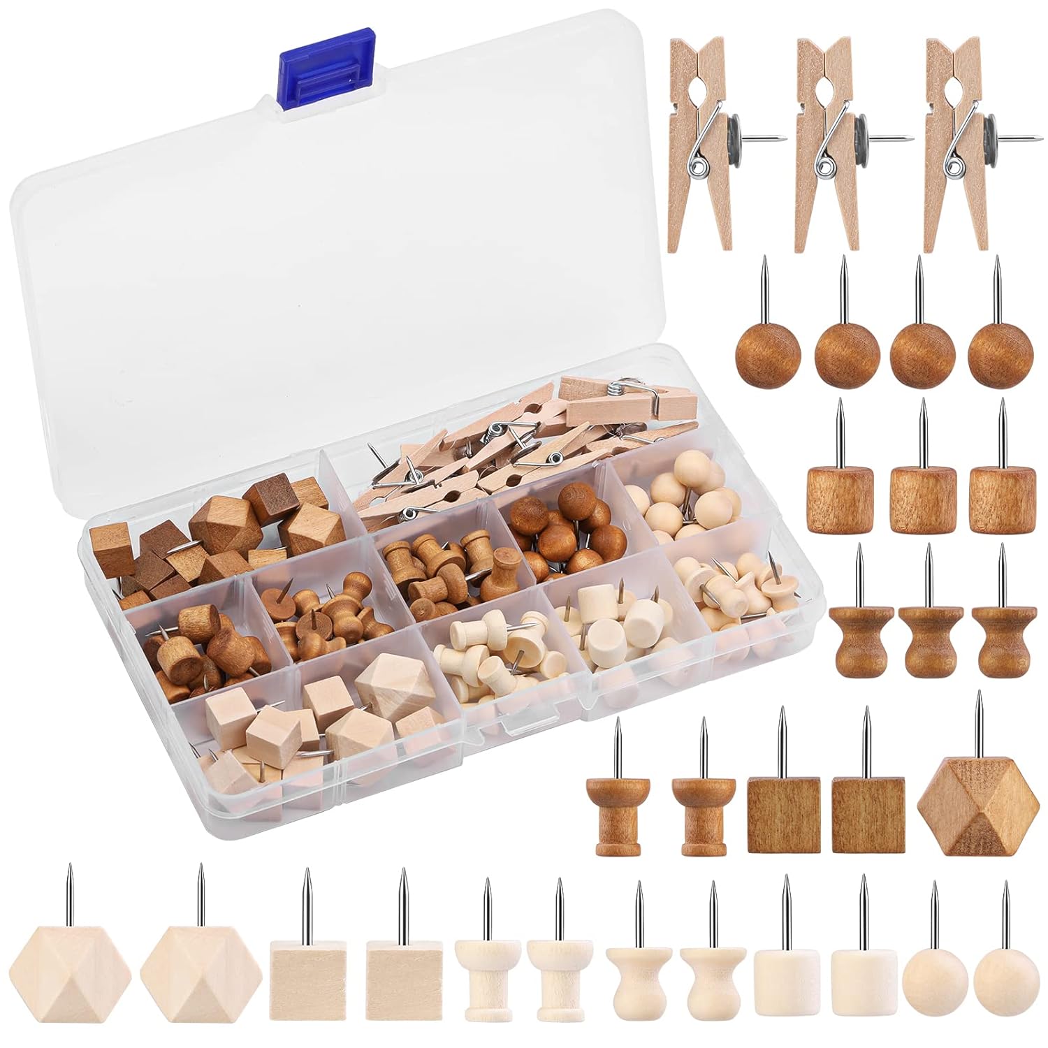 Climberty® 114Pcs Wood Push Pins with Storage Box, 3 Colors 7 Thumbtack ...