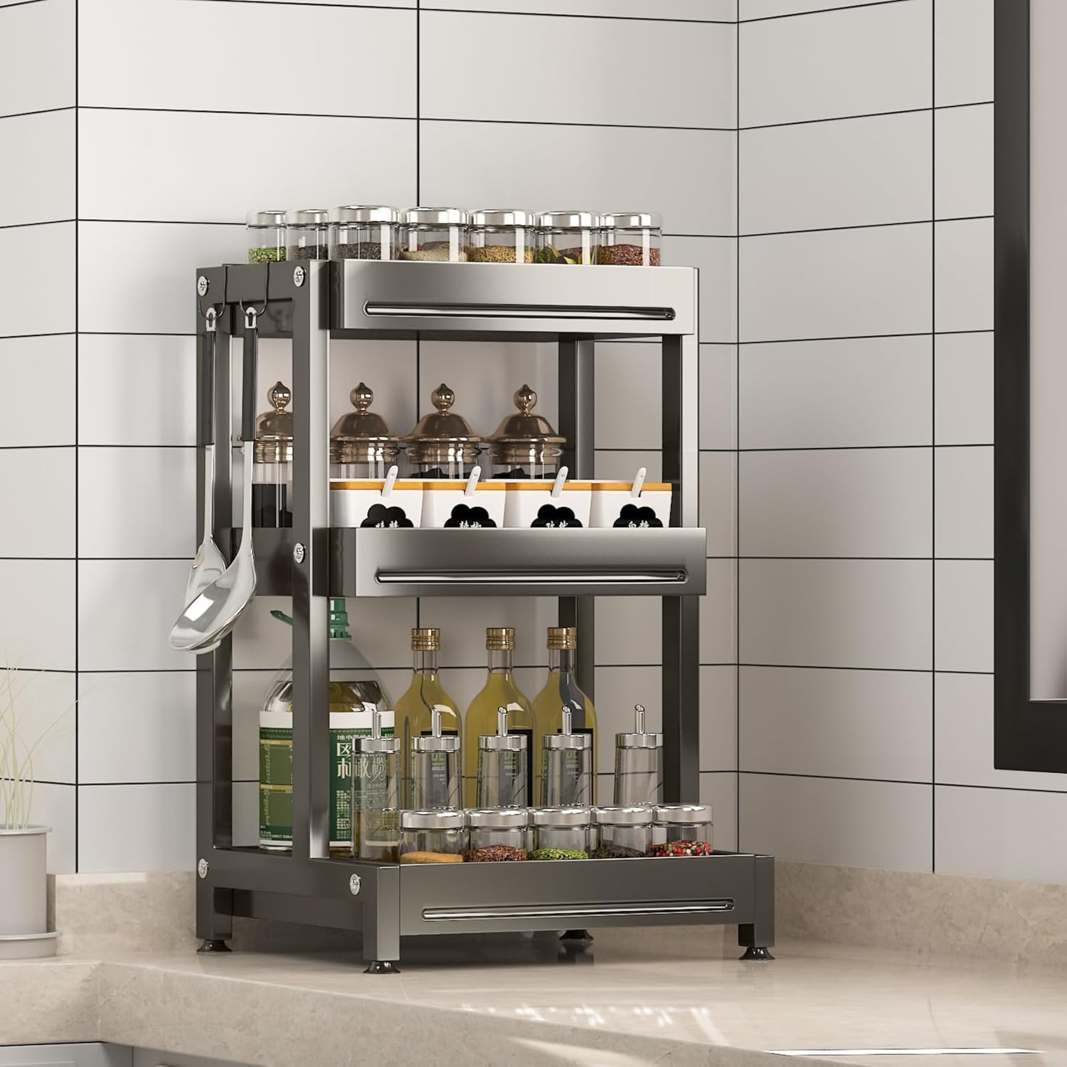 Amazon.com: 3-Tier Seasoning Rack for Kitchen storage, Durable Carbon ...