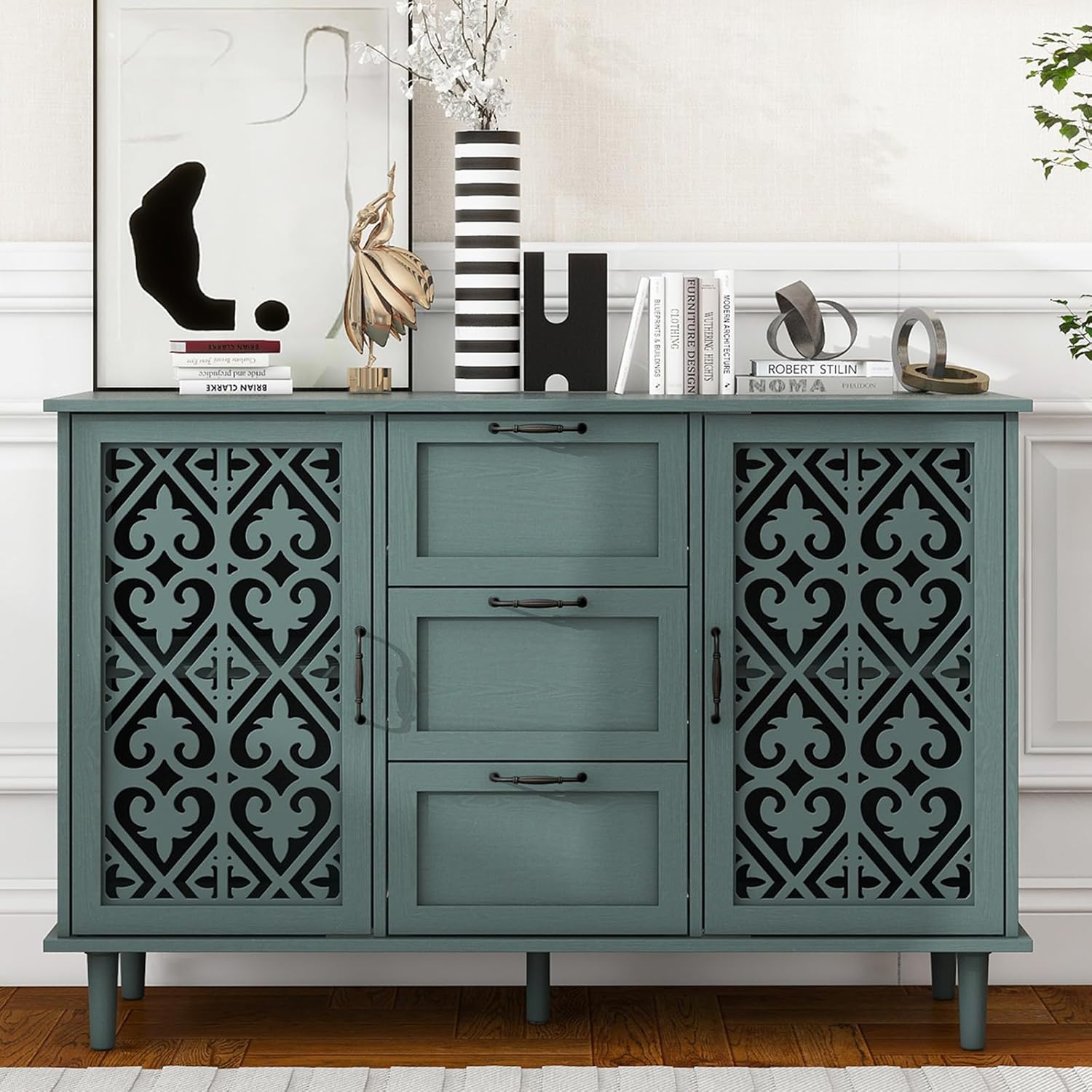 Amazon.com - mixtavie Green 2 Door 3 Drawer Sideboard Buffet Cabinet ...