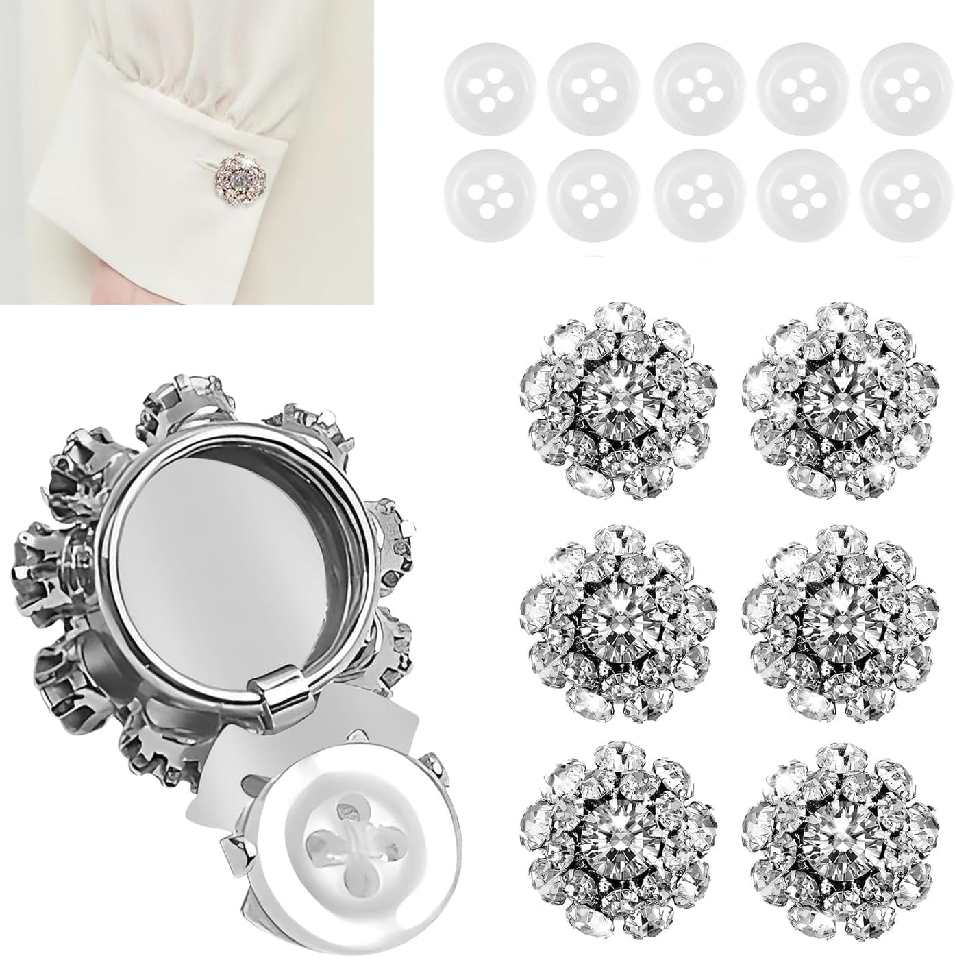 6 Sets Button Cover Rhinestone Covers, Silver White Diamante Crystal ...