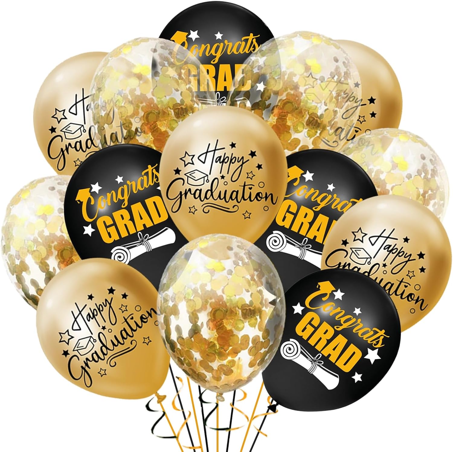 18Pcs Graduation Balloons With Sequins Black and Gold Graduation Party ...