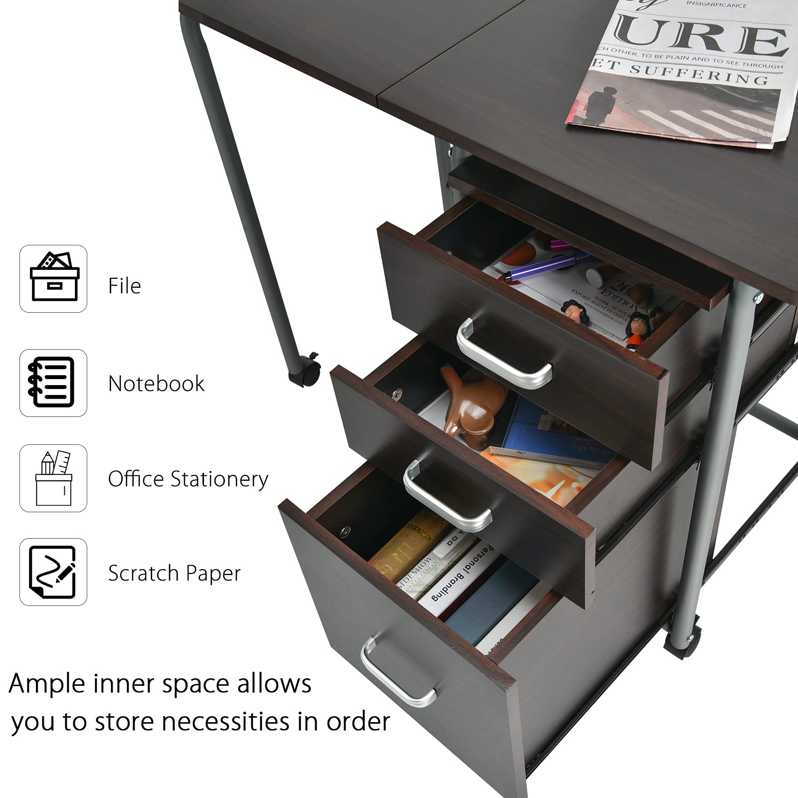 Buy Tangkula Folding Computer Desk with 3 Storage Drawers, Mobile Home ...