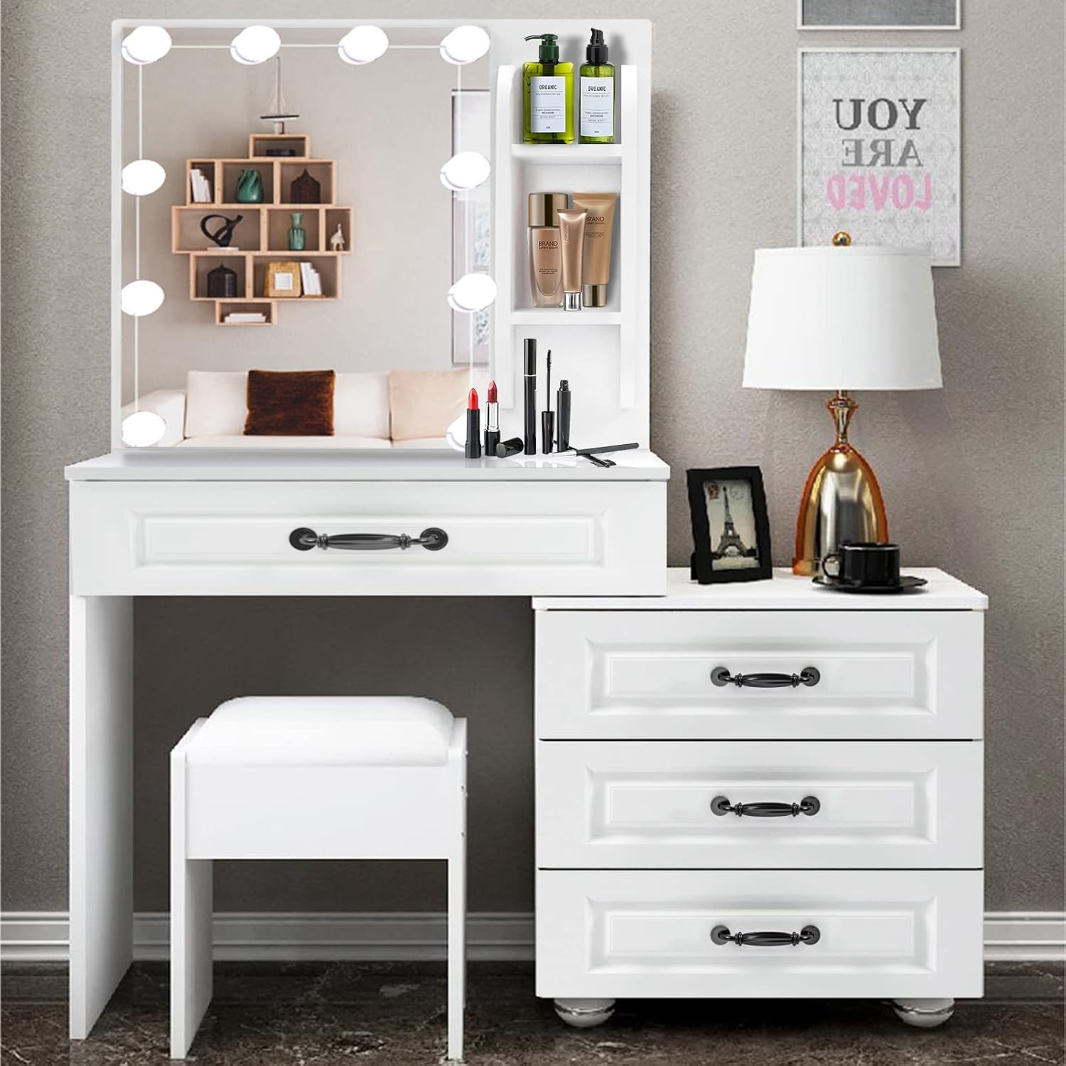 Amazon.com: Xinhonglei Modern Makeup Vanity Table with 10 Led Lights ...