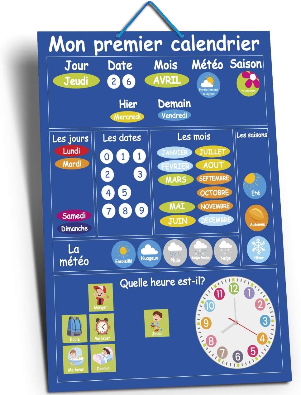 Calendrier d'apprentissage magnétique interactif pour enfants - Bleu ...