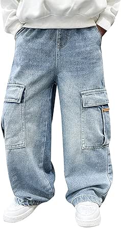 Baggy Garcon Jean Baggy Pantalons Garçon avec Taille Élastique Jean Ado ...